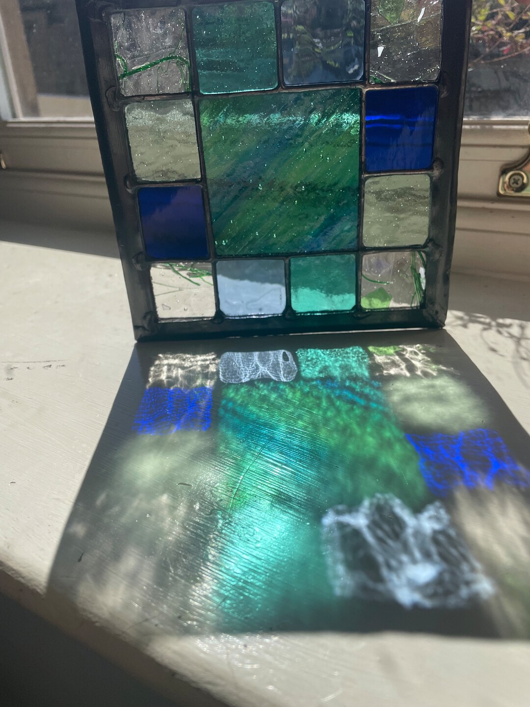 Lovely Small Square Handmade Stained Glass Panel in Sea Greens and Sky ...