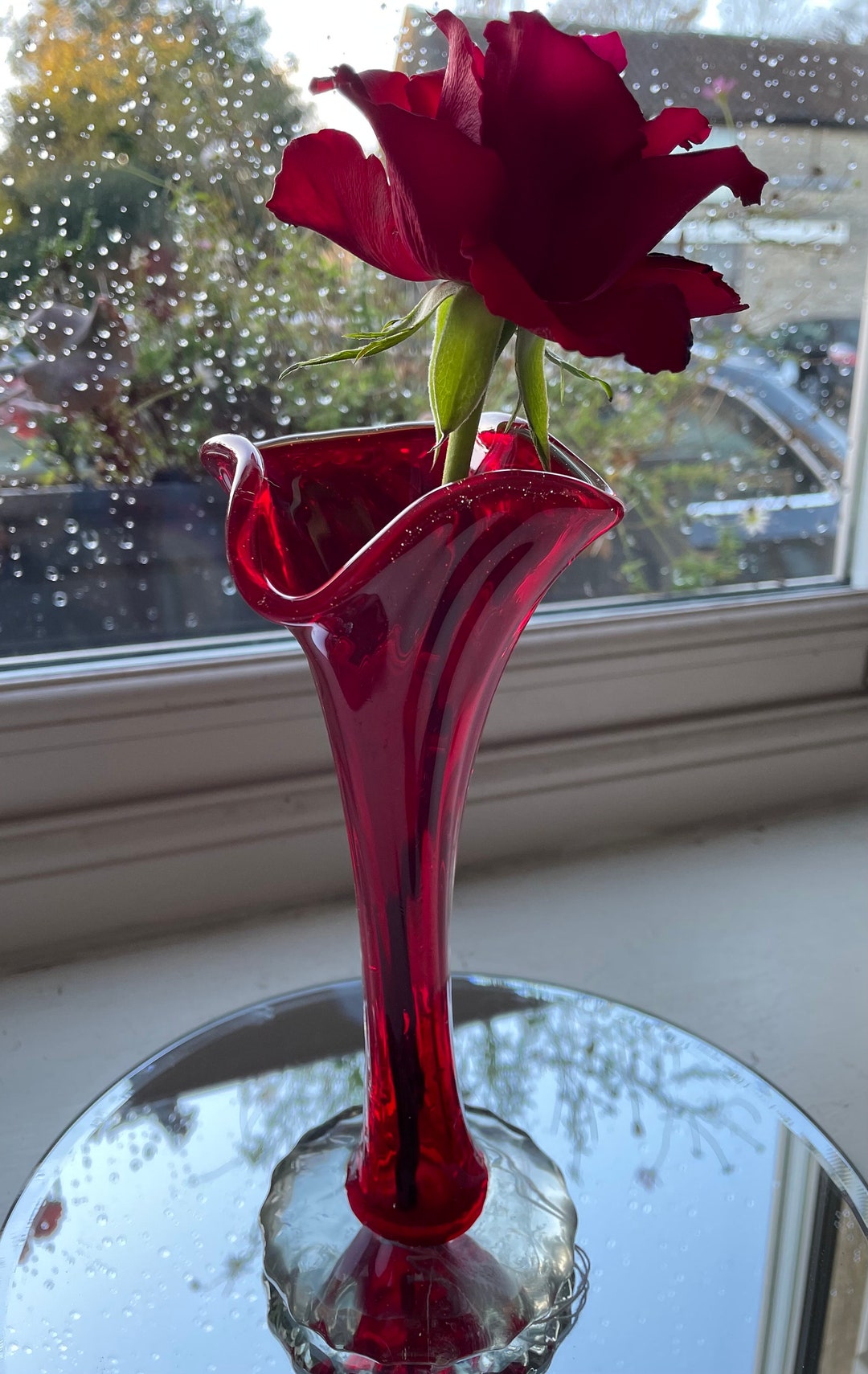 Vintage Red Fluted Glass Vase With Ruffle Top And Clear Etsy