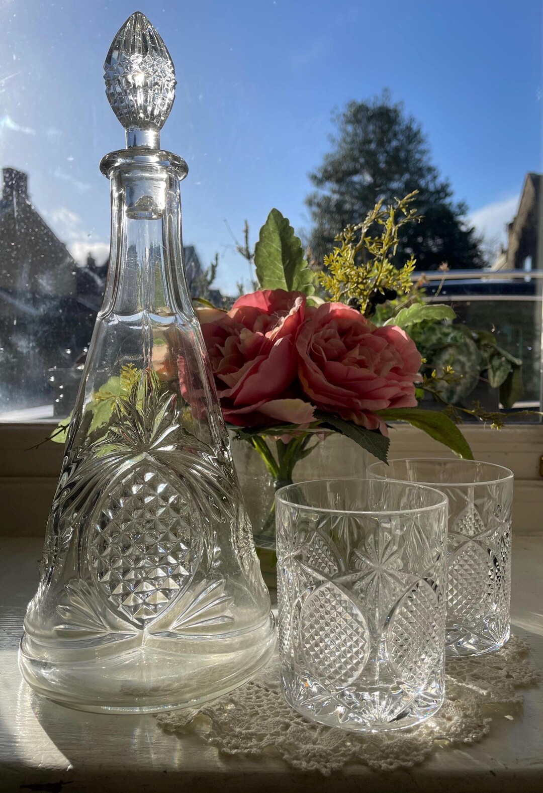 Vintage 1920s JC Cottle Glass Decanter Set With Pineapple Cut Crystal ...