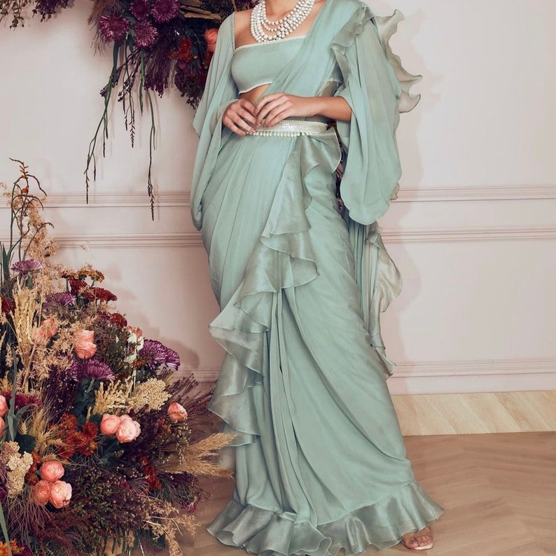 Sage Green Ruffle Saree, Pre-stitched 1 Min Ready-to-wear Bollywood ...
