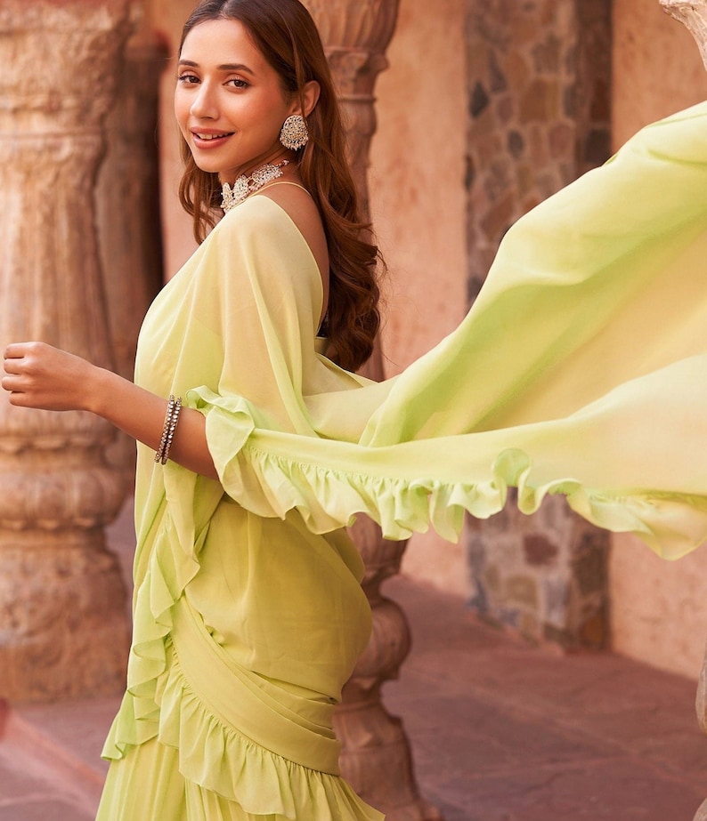 Green Georgette Sharara Suit Saree Style: Indo Western Outfits for ...