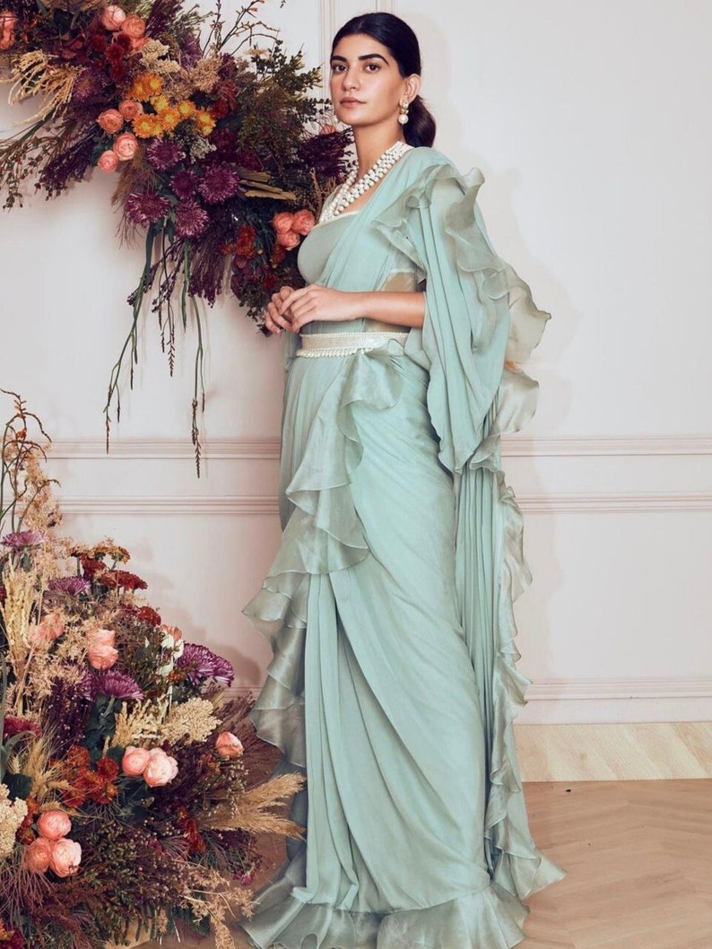 Sage Green Ruffle Saree, Pre-stitched 1 Min Ready-to-wear Bollywood ...