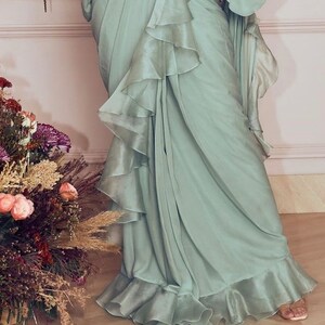 Sage Green Ruffle Saree, Pre-stitched 1 Min Ready-to-wear Bollywood ...