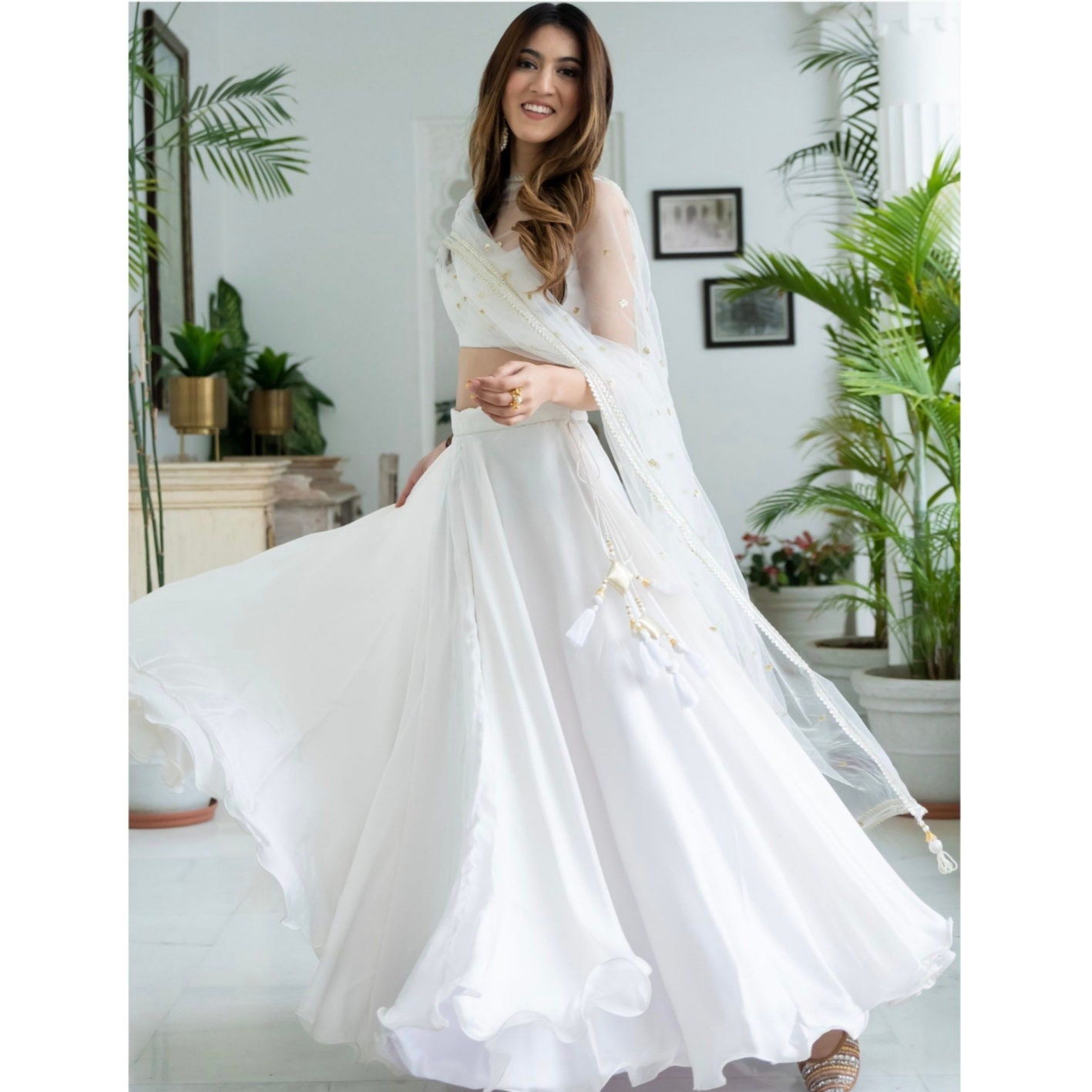 Buy White Lengha Choli for Weding Guest With Net Butti Dupatta ...