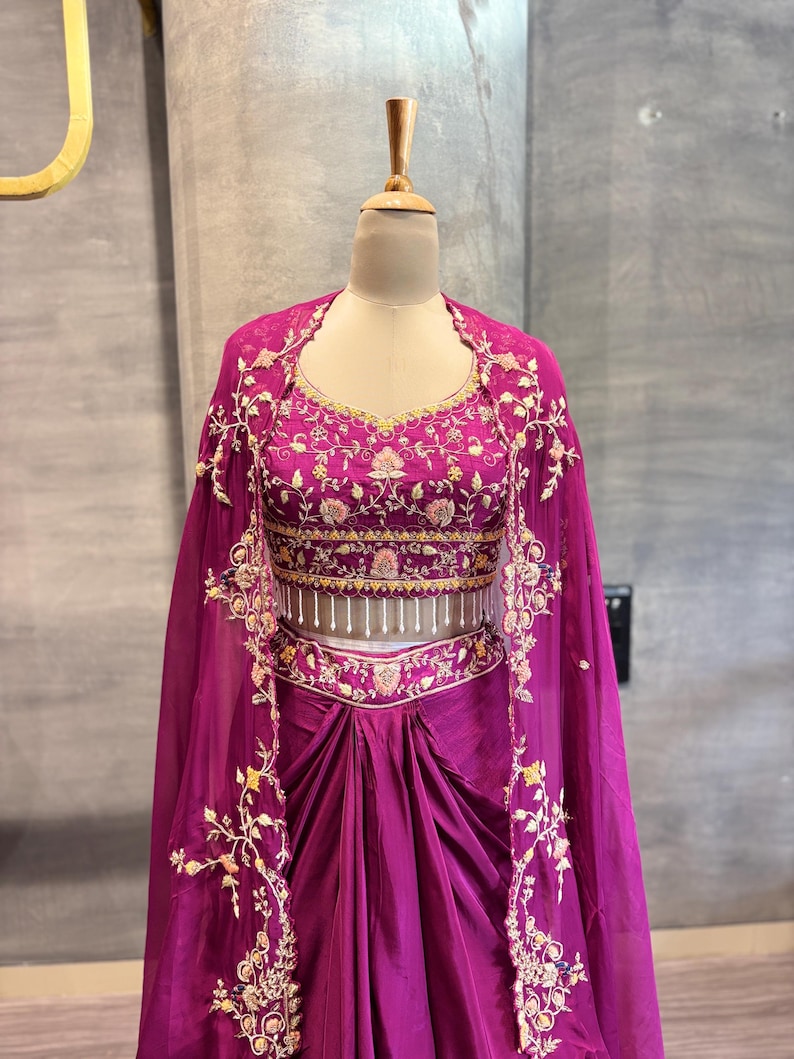 Magenta Lehenga Choli With Embroidered Cape: Silk Wedding Lengha - Etsy