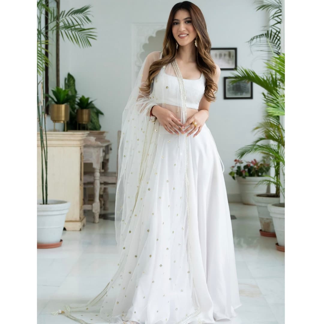 Buy White Lengha Choli for Weding Guest With Net Butti Dupatta ...