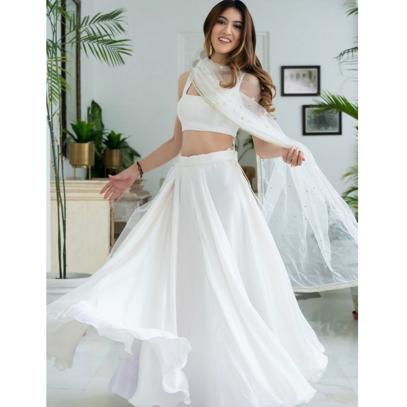 Buy White Lengha Choli for Weding Guest With Net Butti Dupatta ...