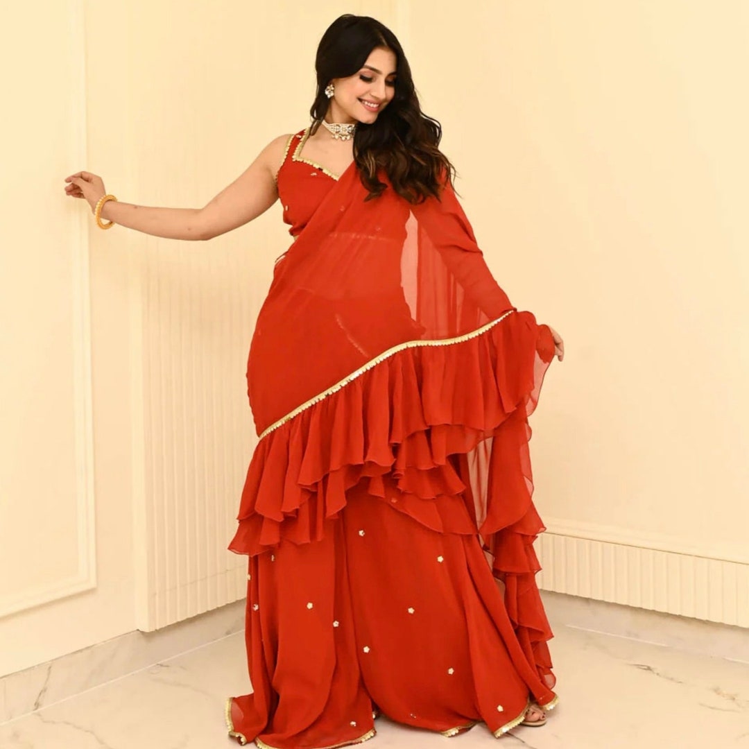 Handmade Red Ruffle Saree: Bollywood Lengha With Pearl Embroidery - Etsy