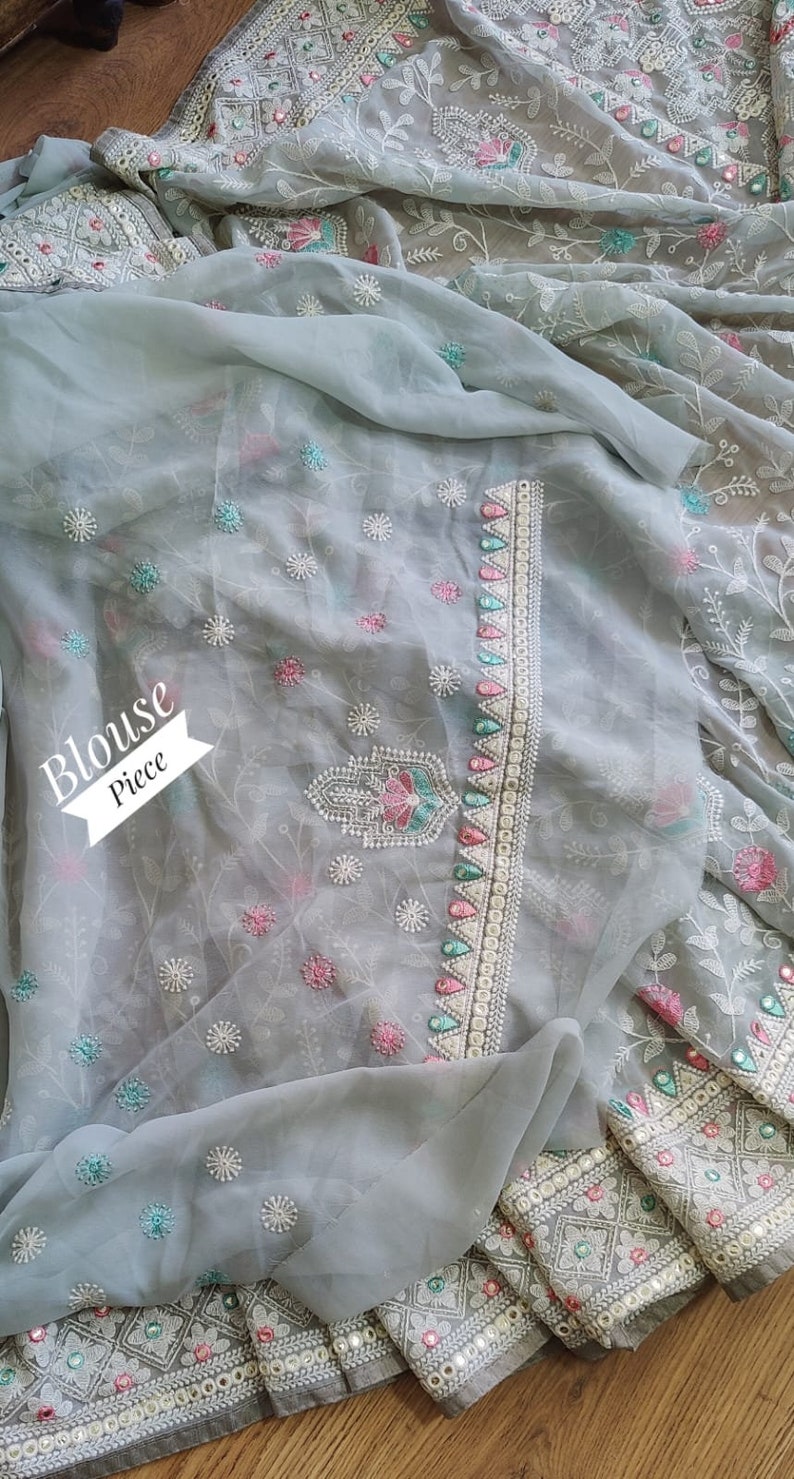 Pure Georgette Saree Georgette Chikankari Saree Gotapatti Work Saree Embroidered Saree Multi ...