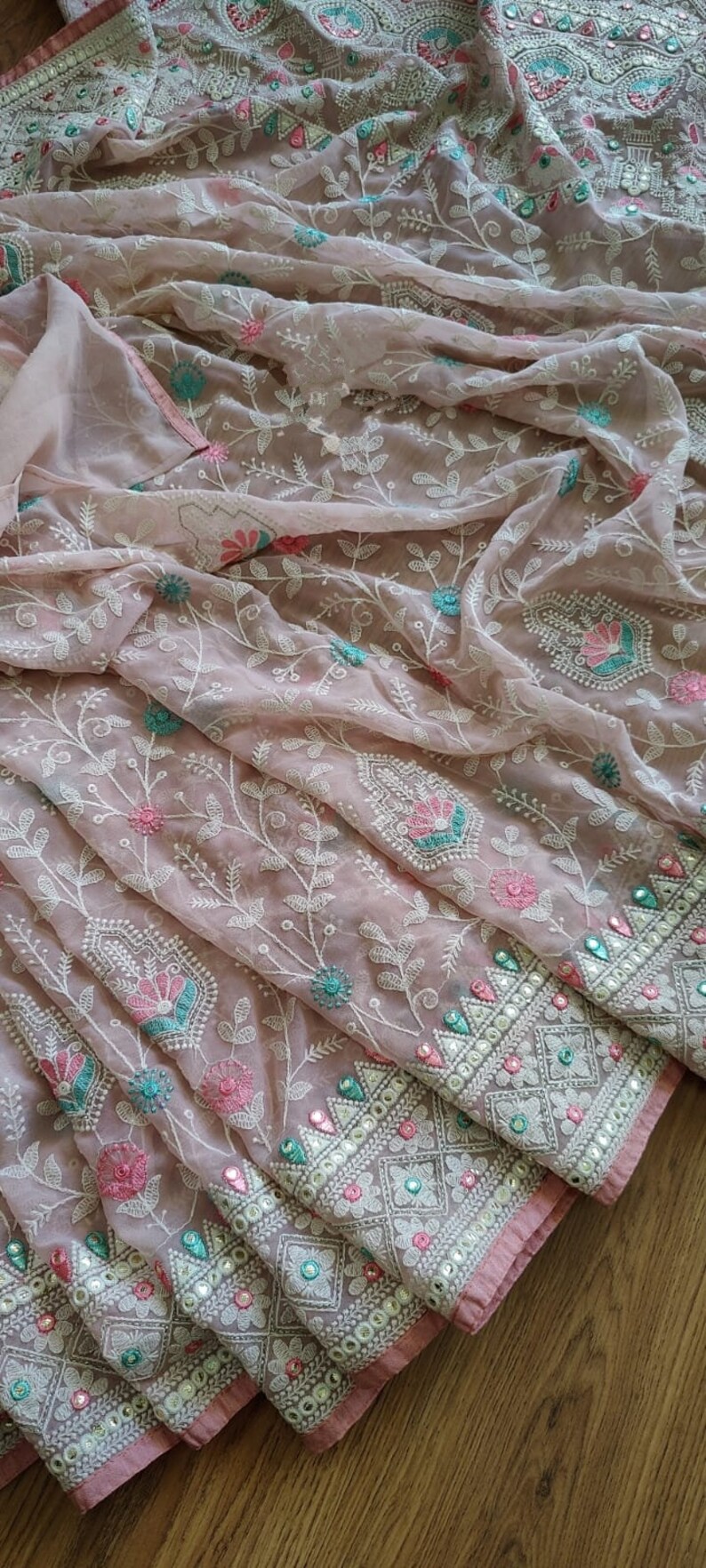 Pure Georgette Saree Georgette Chikankari Saree Gotapatti Work Saree Embroidered Saree Multi ...