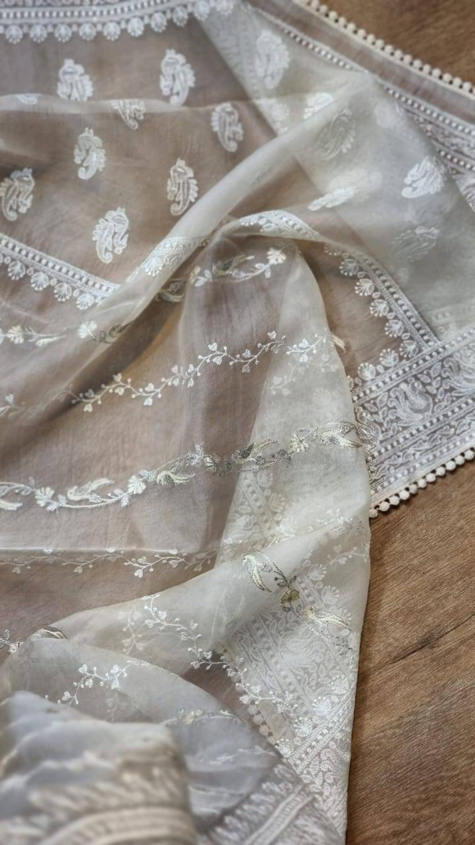 Organza Silk Embroidery Chikankari Border organza Chikankari Saree ...