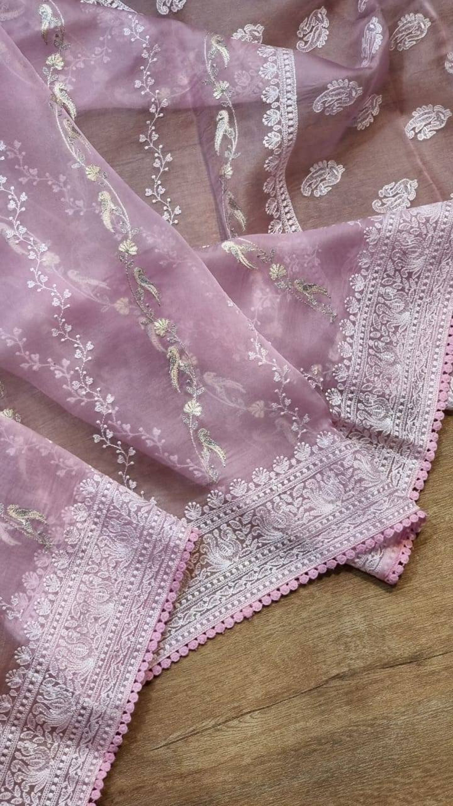 Organza Silk Embroidery Chikankari Border organza Chikankari Saree ...