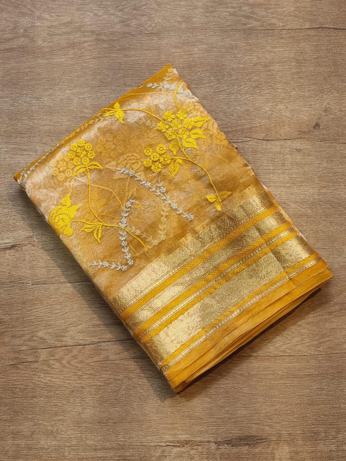 Metallic Tissue Silk Saree: Floral Embroidered Katan Border, Blouse ...