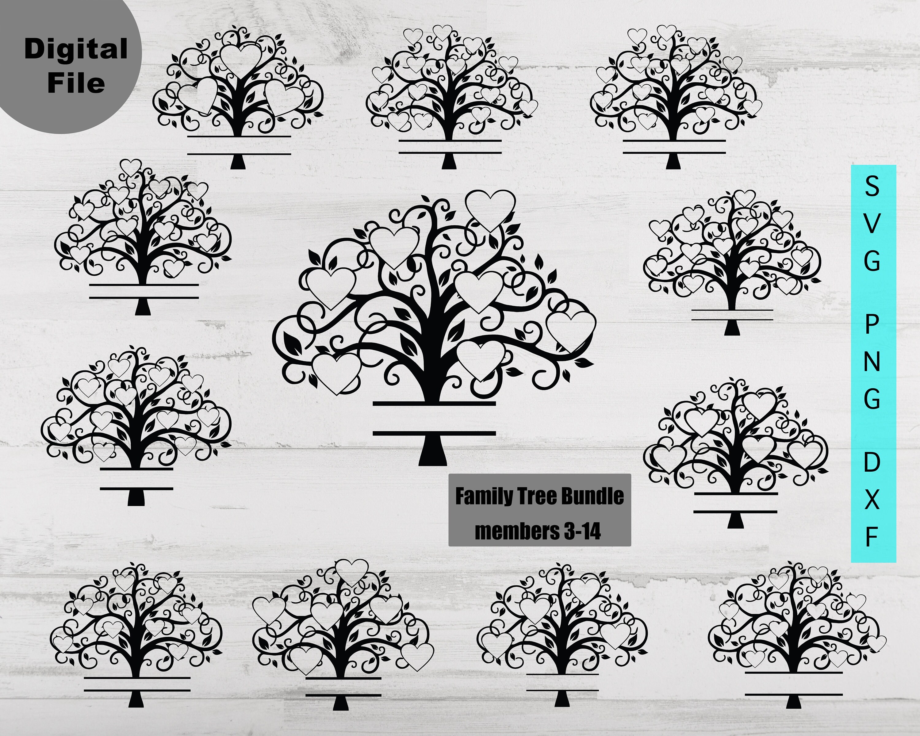 Family Tree 3-14 Members Svg Bundle, Split Family Heart Tree Svg/png ...
