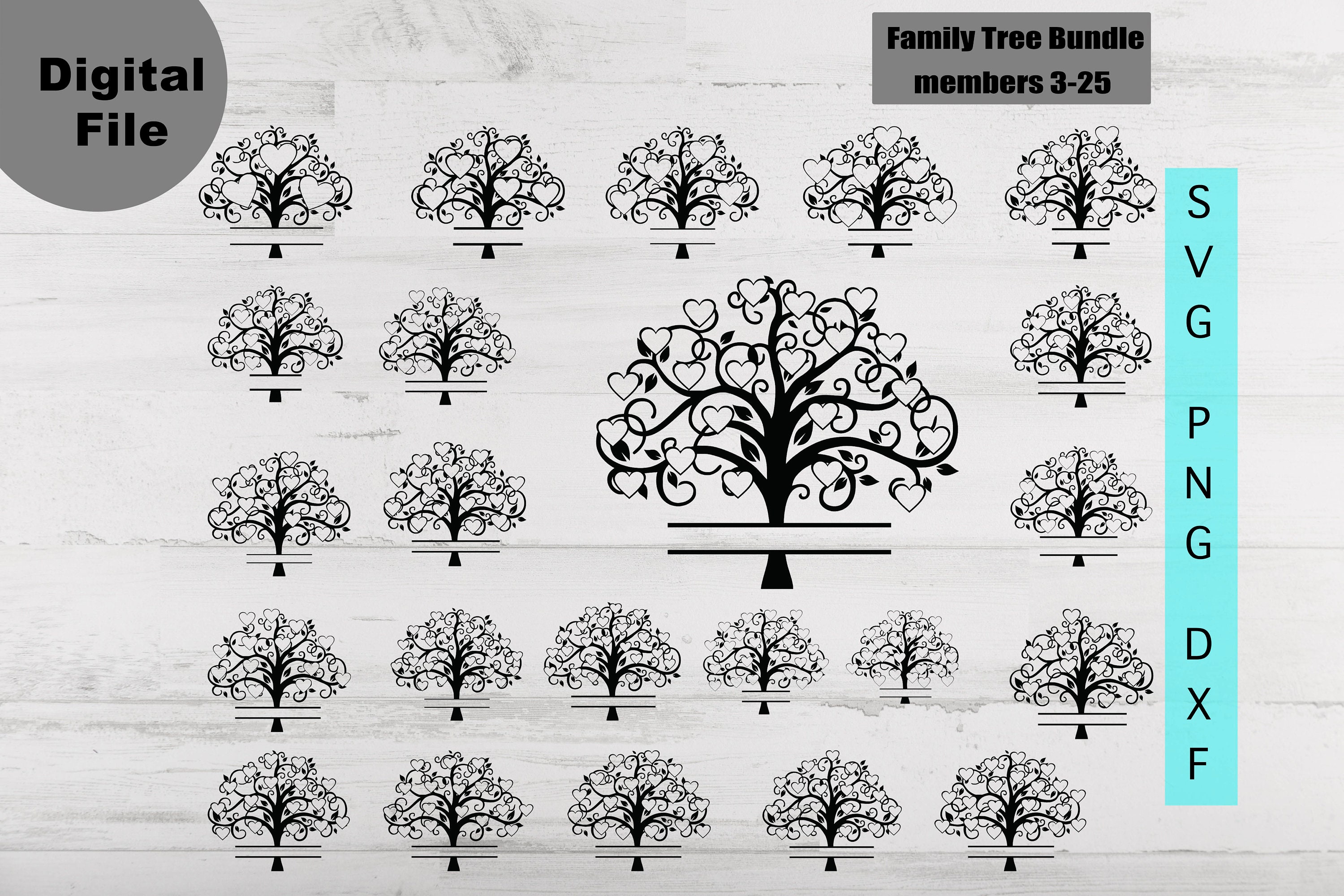 Split Family Tree 3-25 miembros Svg bundle Family Heart Tree | Etsy España