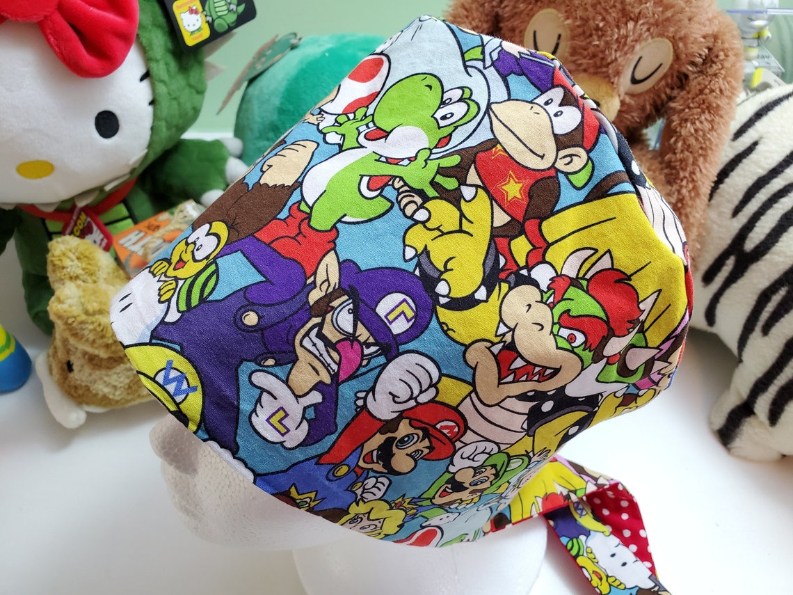 Super Mario and friends with red and white dot pixie scrub cap | Etsy