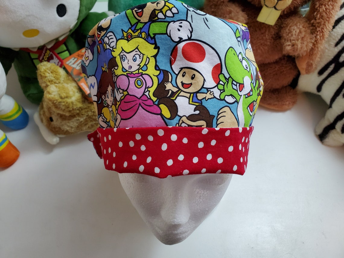 Super Mario and friends with red and white dot pixie scrub cap | Etsy