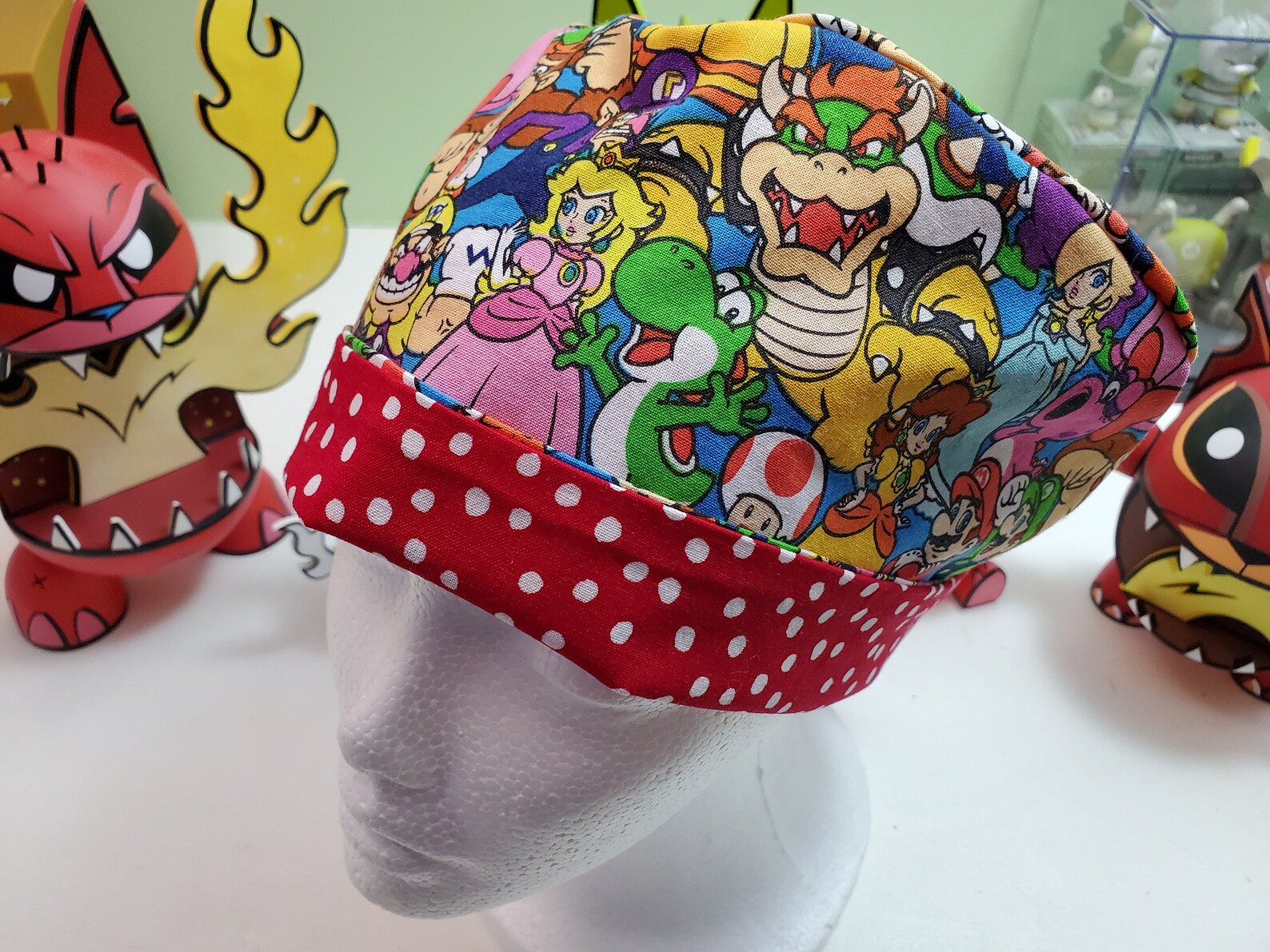 Super Mario and Friends With Red and White Dot Pixie Scrub Cap - Etsy