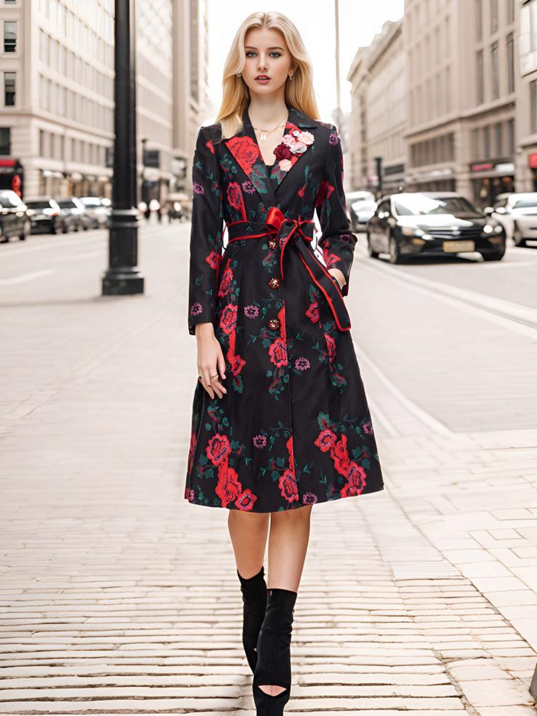 Vintage Long Trench Jacket With Belt, French Slim Fit Floral Trench ...