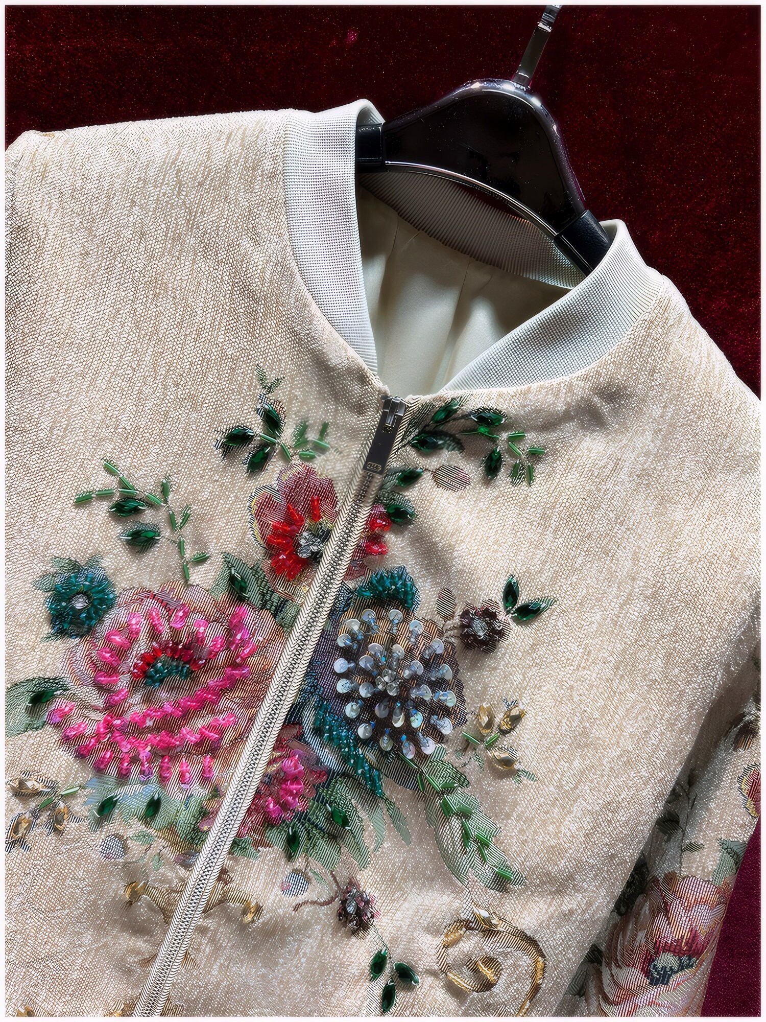 French Vintage Jacquard Baseball Jacket, 3D Floral Embellished Jacket ...