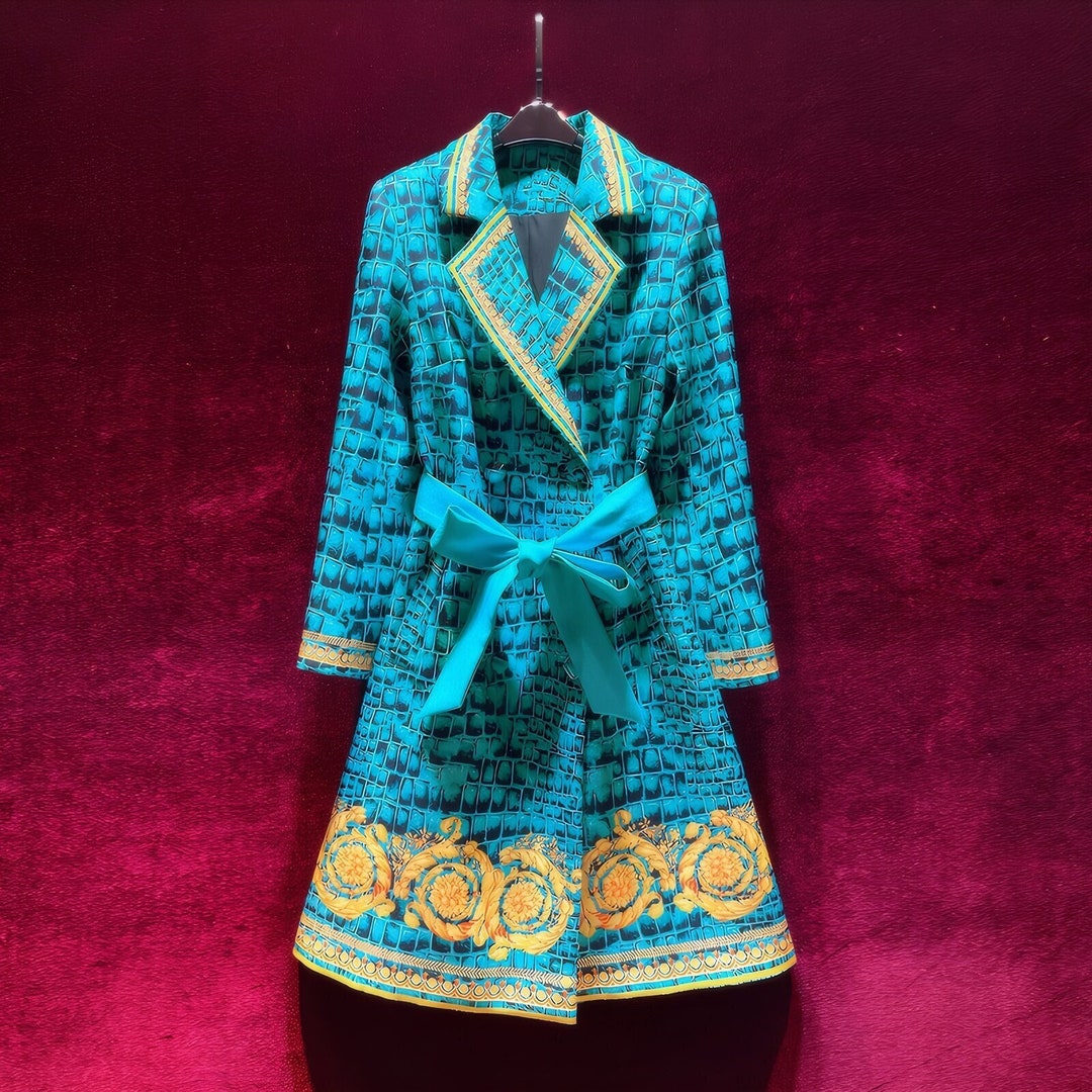 French Vintage Long Trench Jacket With Belt, Floral Embellished Coat ...