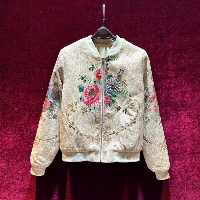 French Vintage Jacquard Baseball Jacket 3D Floral Embellished - Etsy