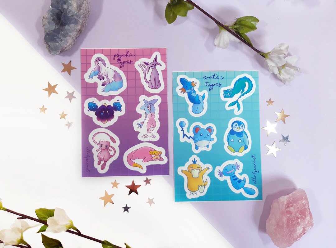Pokemon Vinyl Sticker Sheets – Psychic & Water Type, Gamer Stationery ...
