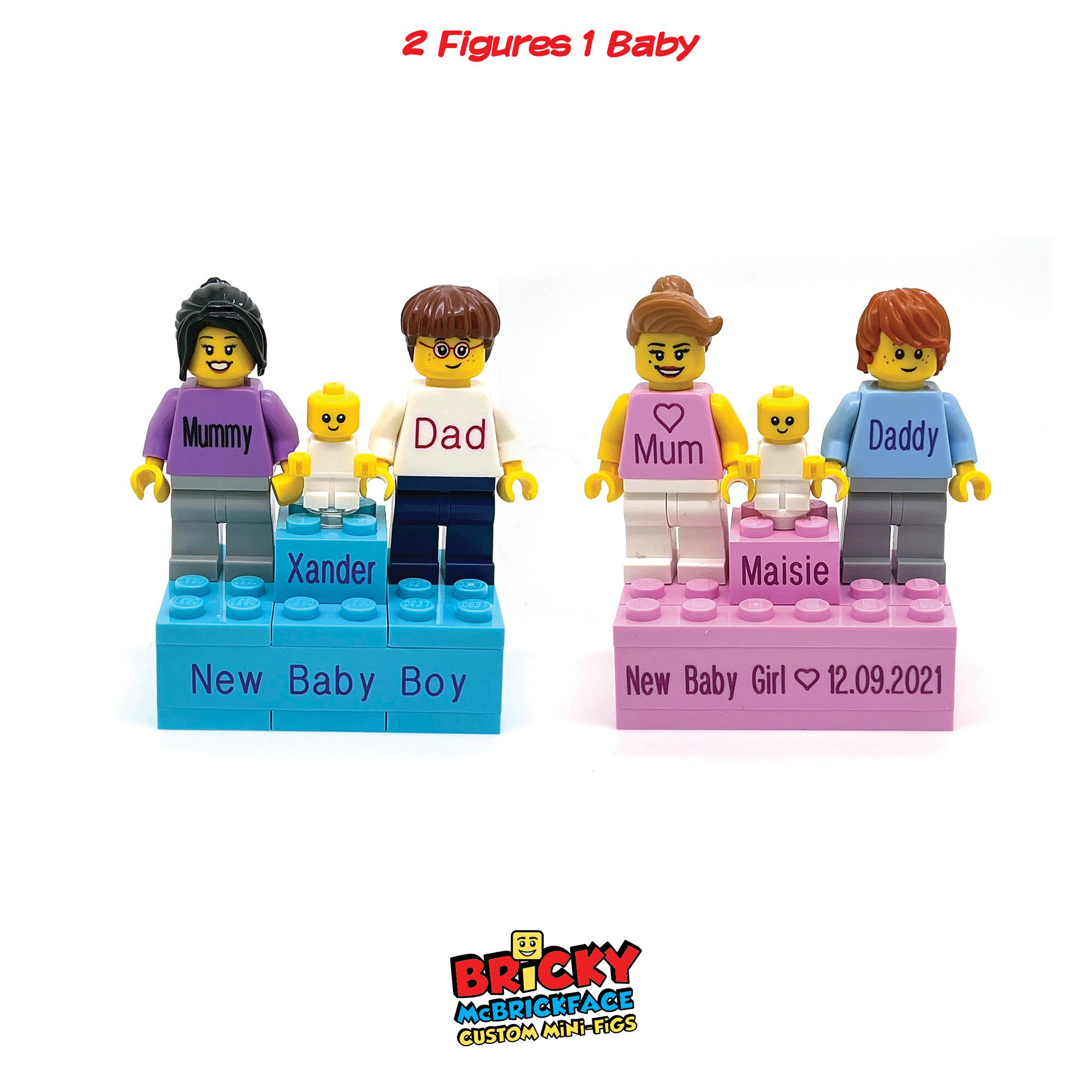 Two Personalised Mini-figure With Baby on Personalised Bricks - Etsy UK