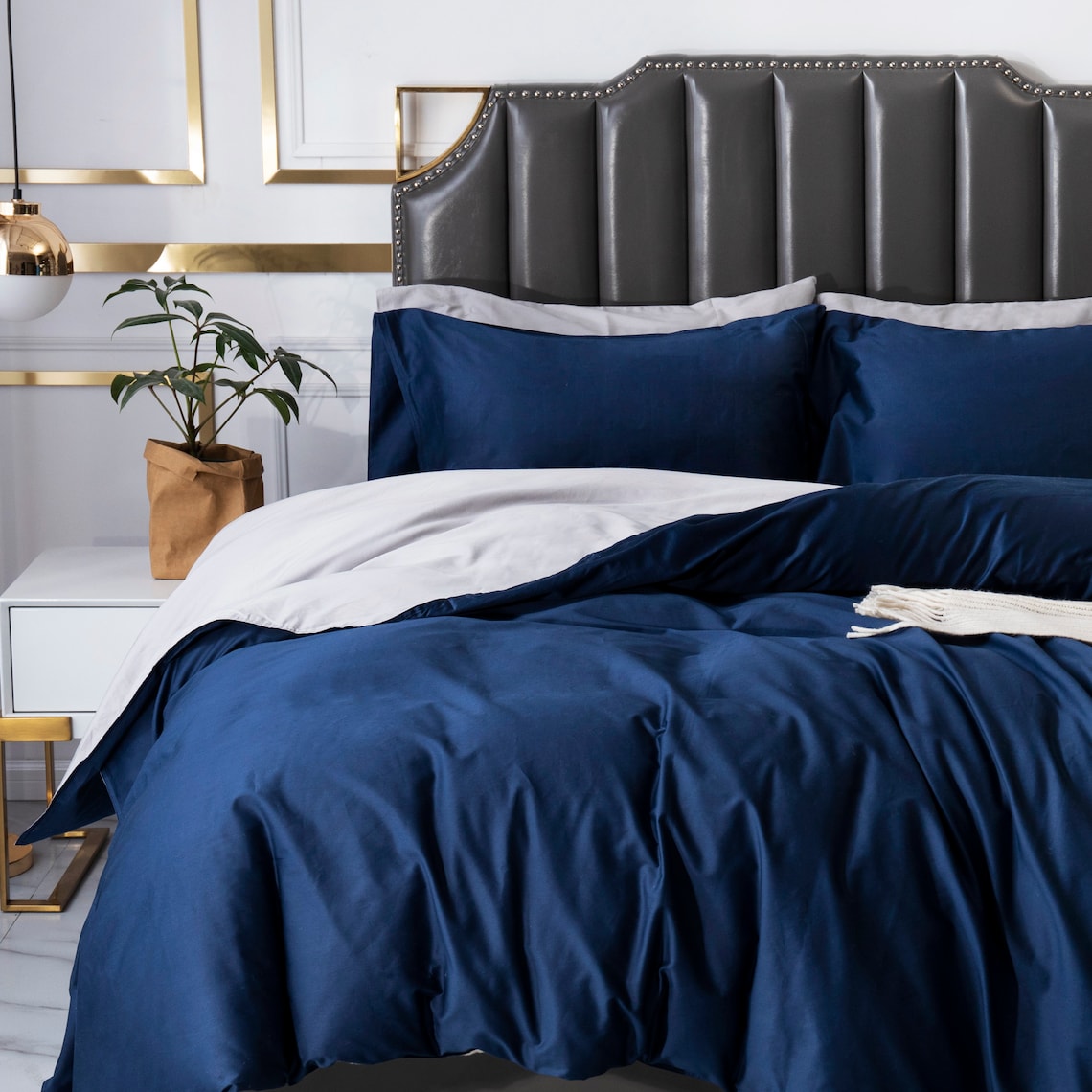 Reversible Pure Cotton Doona Cover Set Navy Grey Long Staple Cotton ...