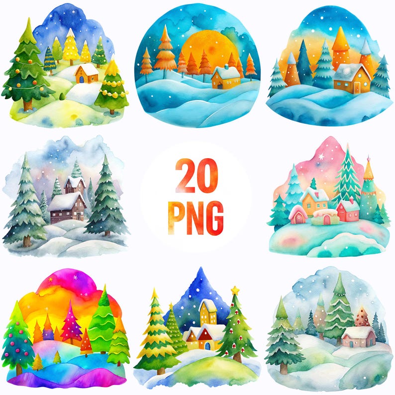 20 Snowy Landscape Watercolor Clipart, Winter Holiday Clipart, PNG File ...