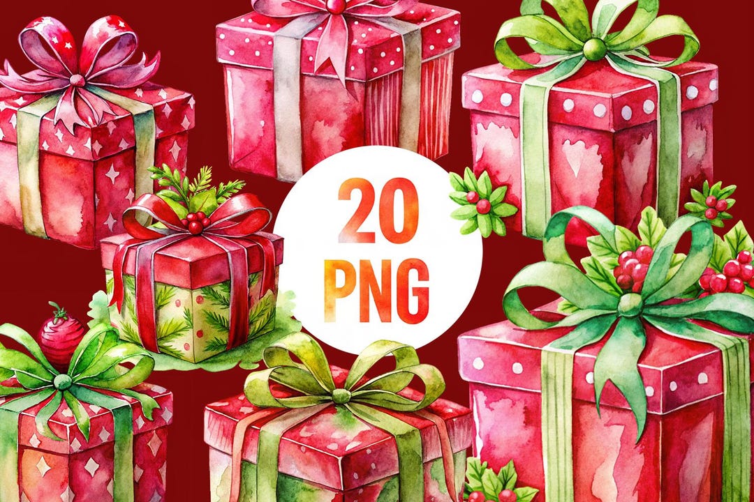 20 Gift Box Watercolor Clipart, Holiday Clipart, Sublimation ...