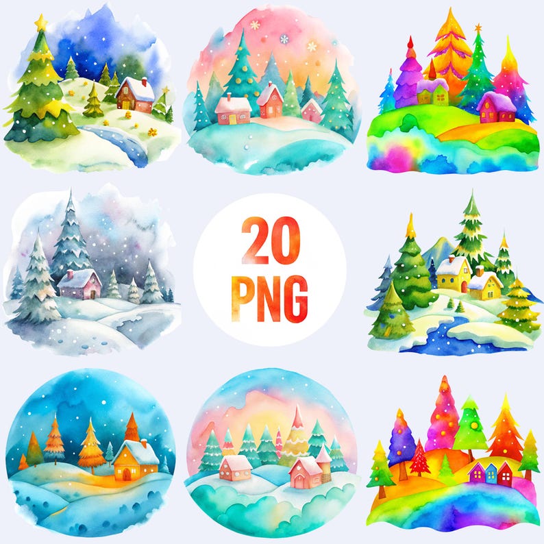 20 Snowy Landscape Watercolor Clipart, Winter Holiday Clipart, PNG File ...