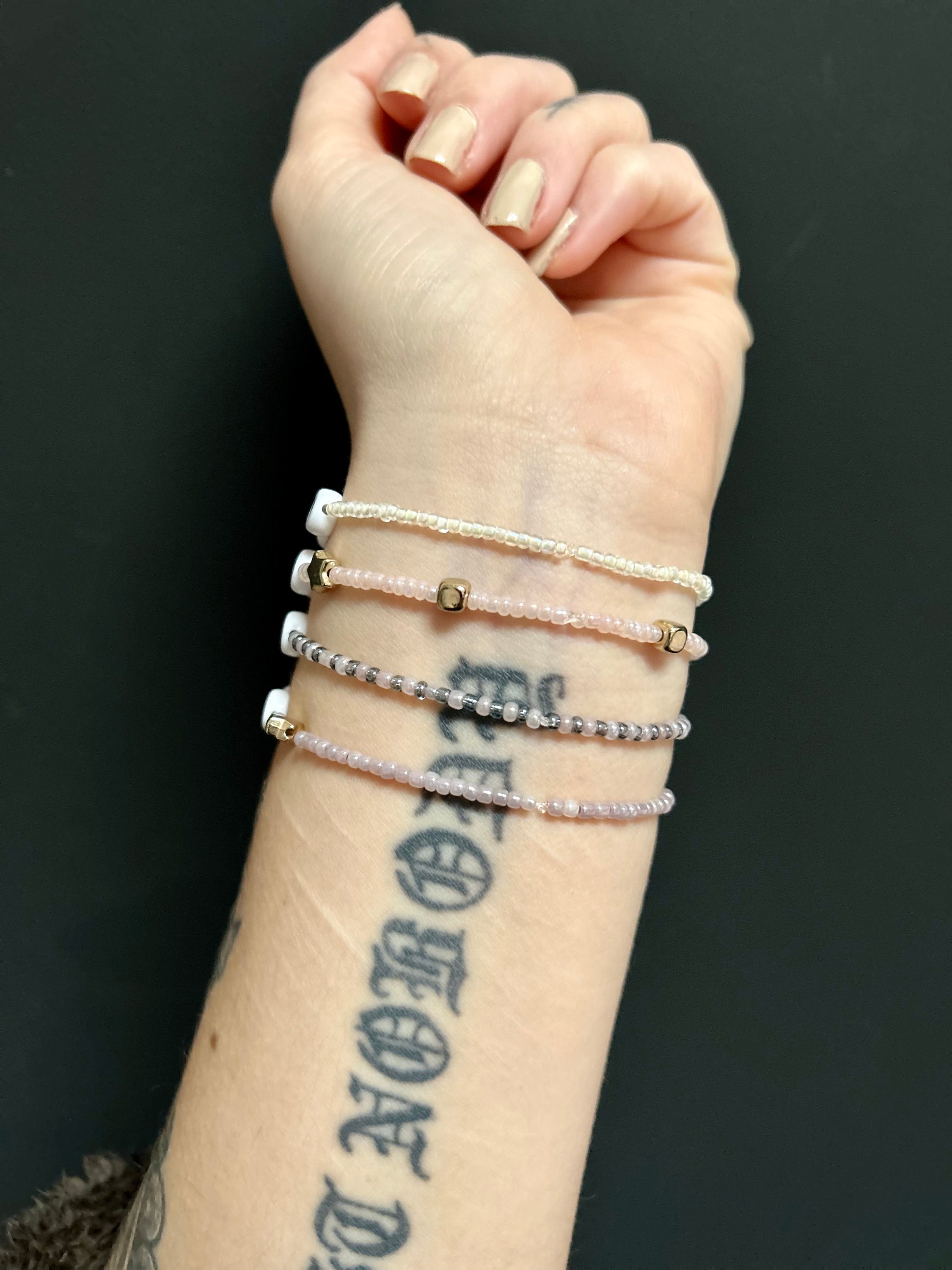Set of 4 Mental Health Beaded Bracelets in Latte, Beige and Teal ...