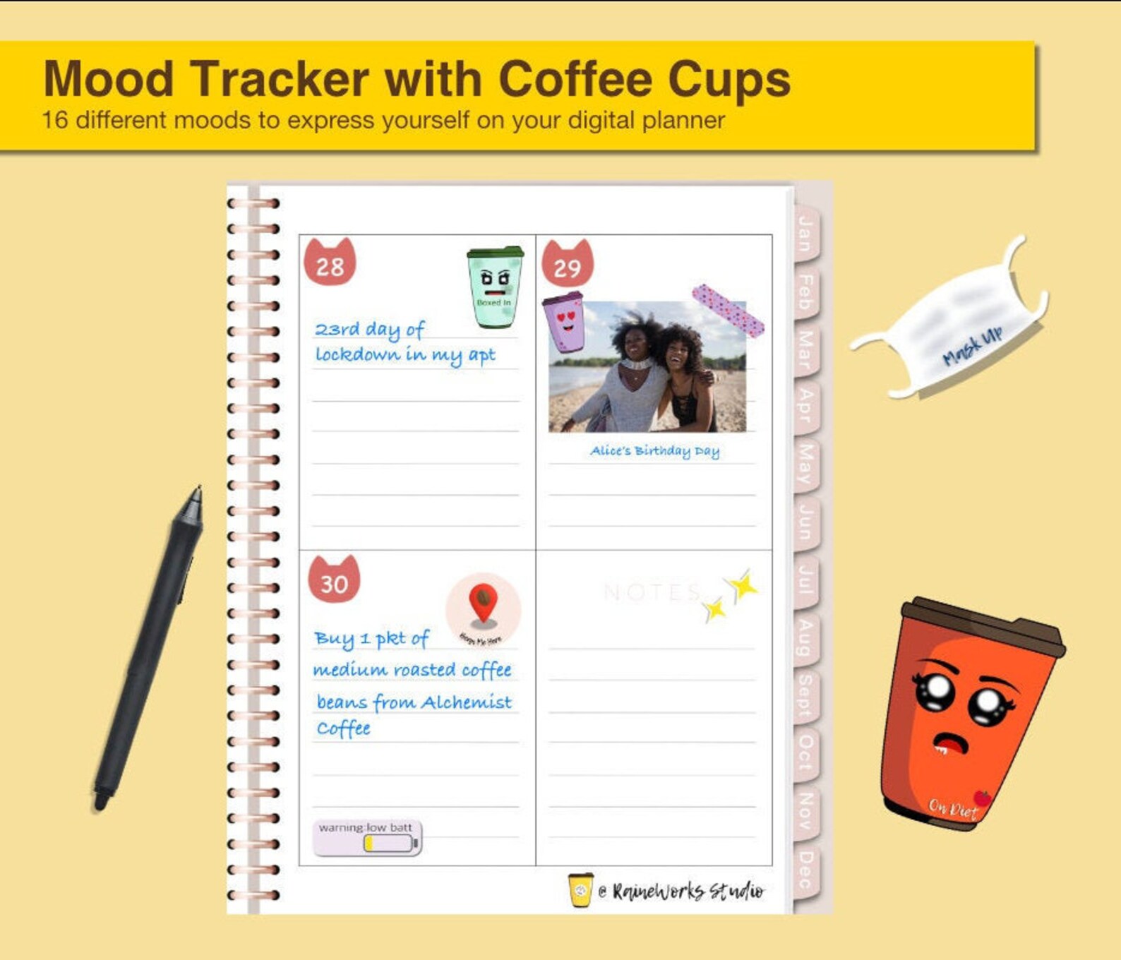 Mood Tracker Stickers Coffee Cups Printable Handdrawn Mood Trackers ...