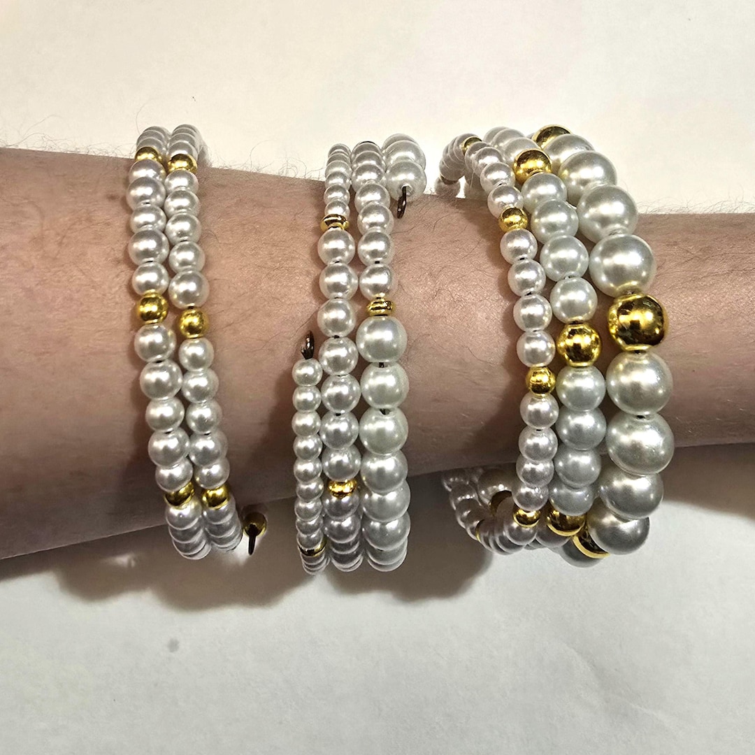 Glass Pearl Bangle Memory Wire Coil Bracelets - Etsy