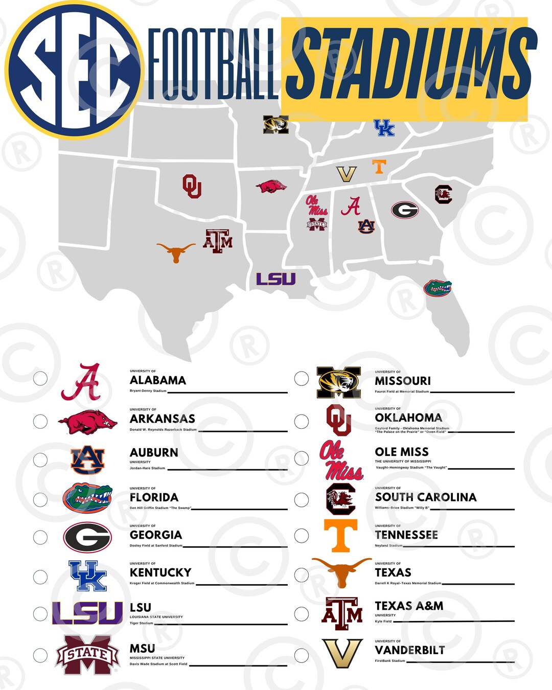 SEC Football Stadium Map - Etsy