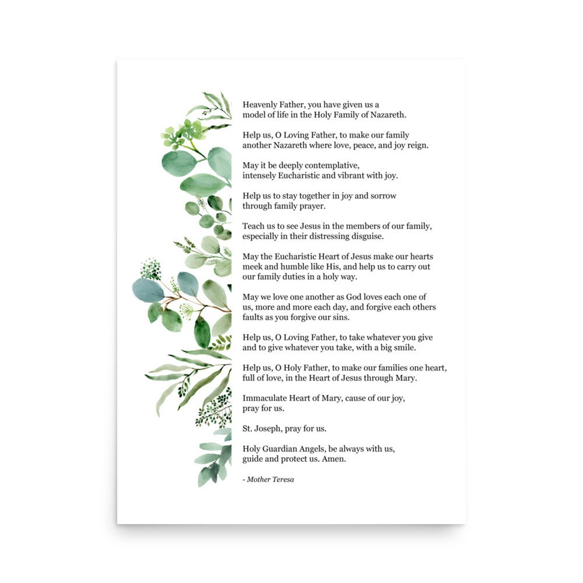 Mother Teresa Prayer for Families Catholic Prayer Print Catholic Home ...