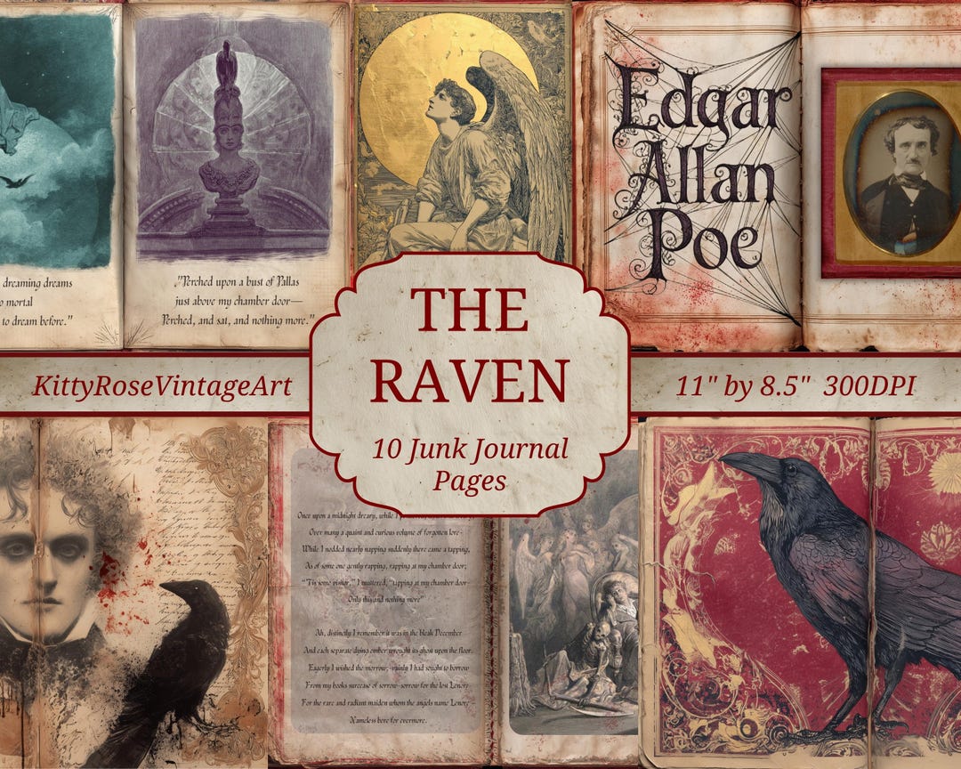 The Raven 10 Junk Journal Pages, Edgar Allan Poe Gothic Printable Paper ...