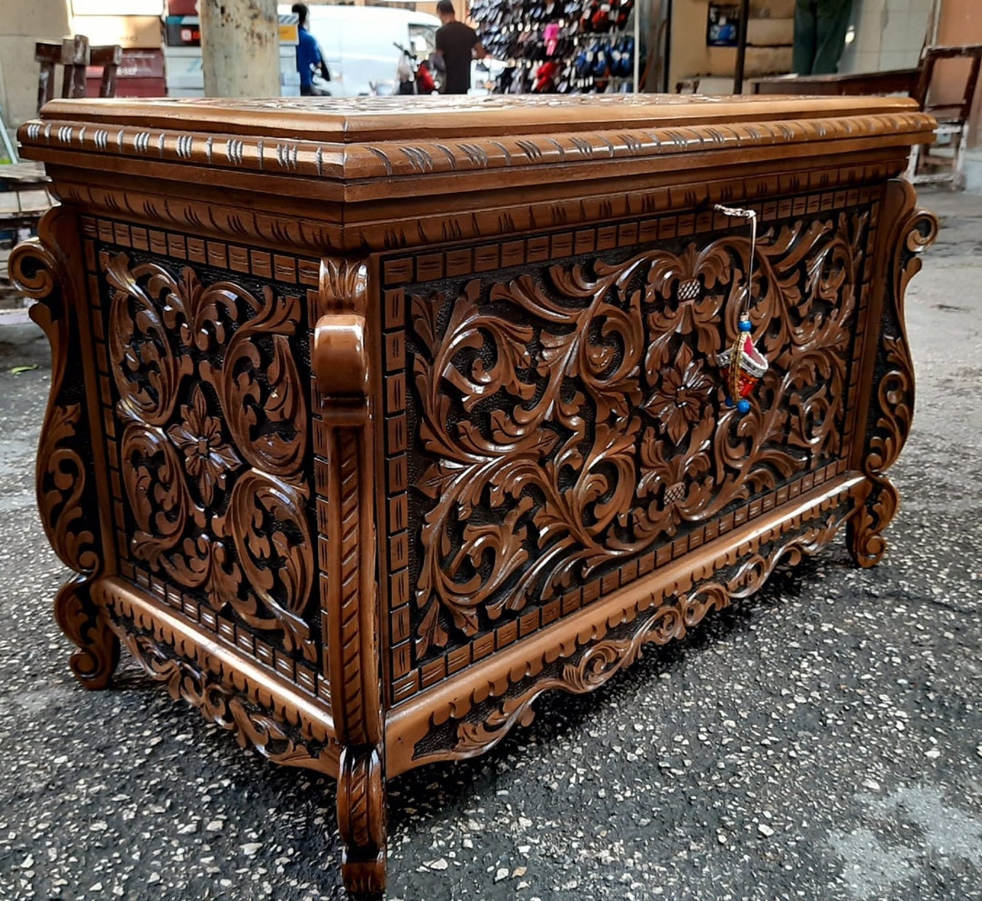 Large Handcarved Walnut Wood Chest: Handmade Storage Trunk - Etsy