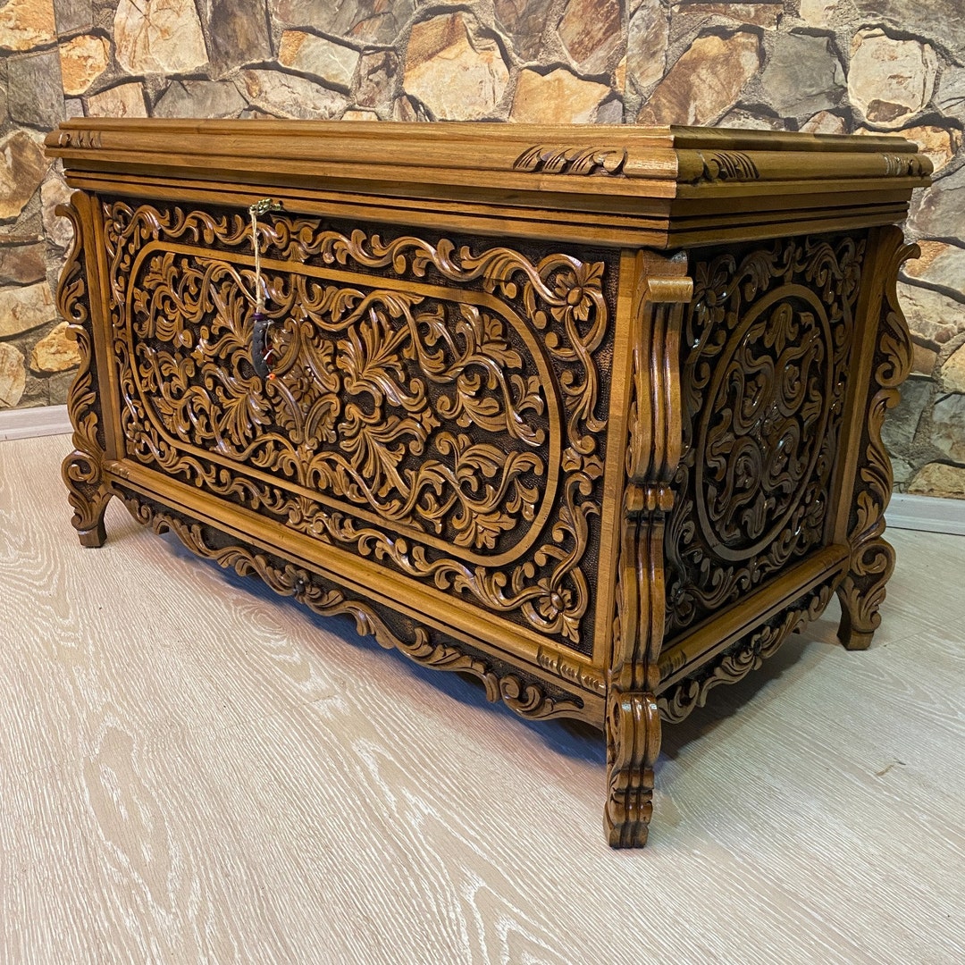 Handcarved Wooden Chest,wooden Hope Chest,handmade Storage Trunk ...