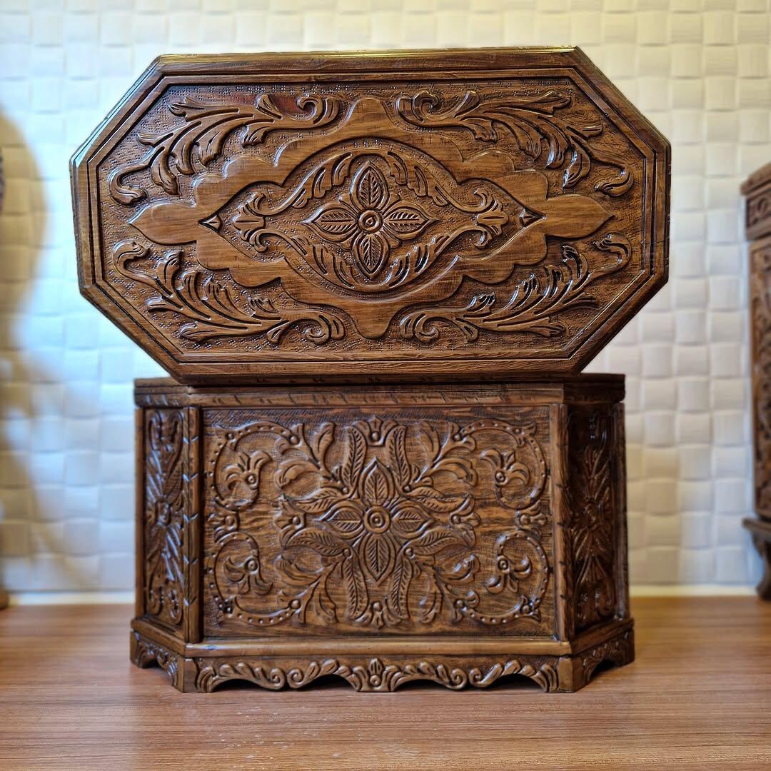 Large Hand Carved Walnut Octagon Chest, Geometric Wooden Storage Trunk ...