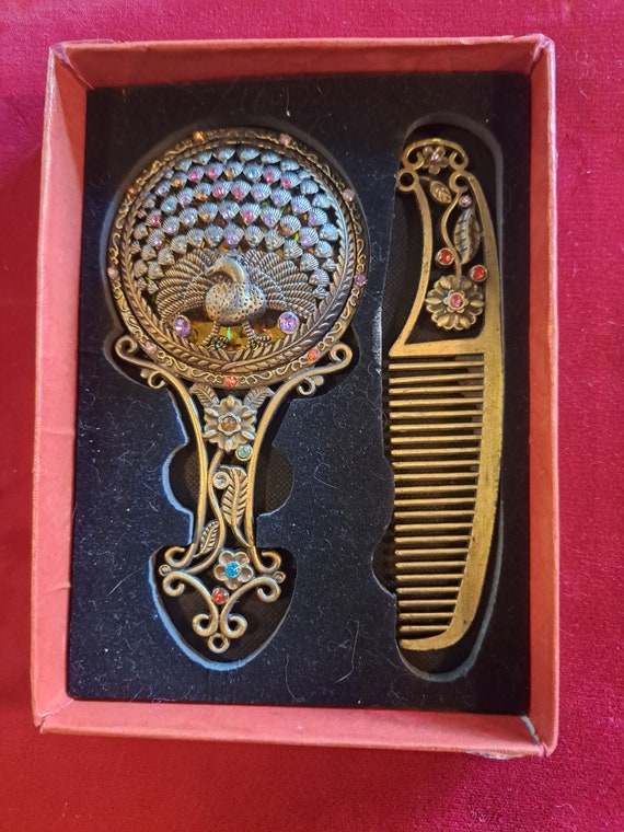 Vintage Mirror Comb Peacock Gem