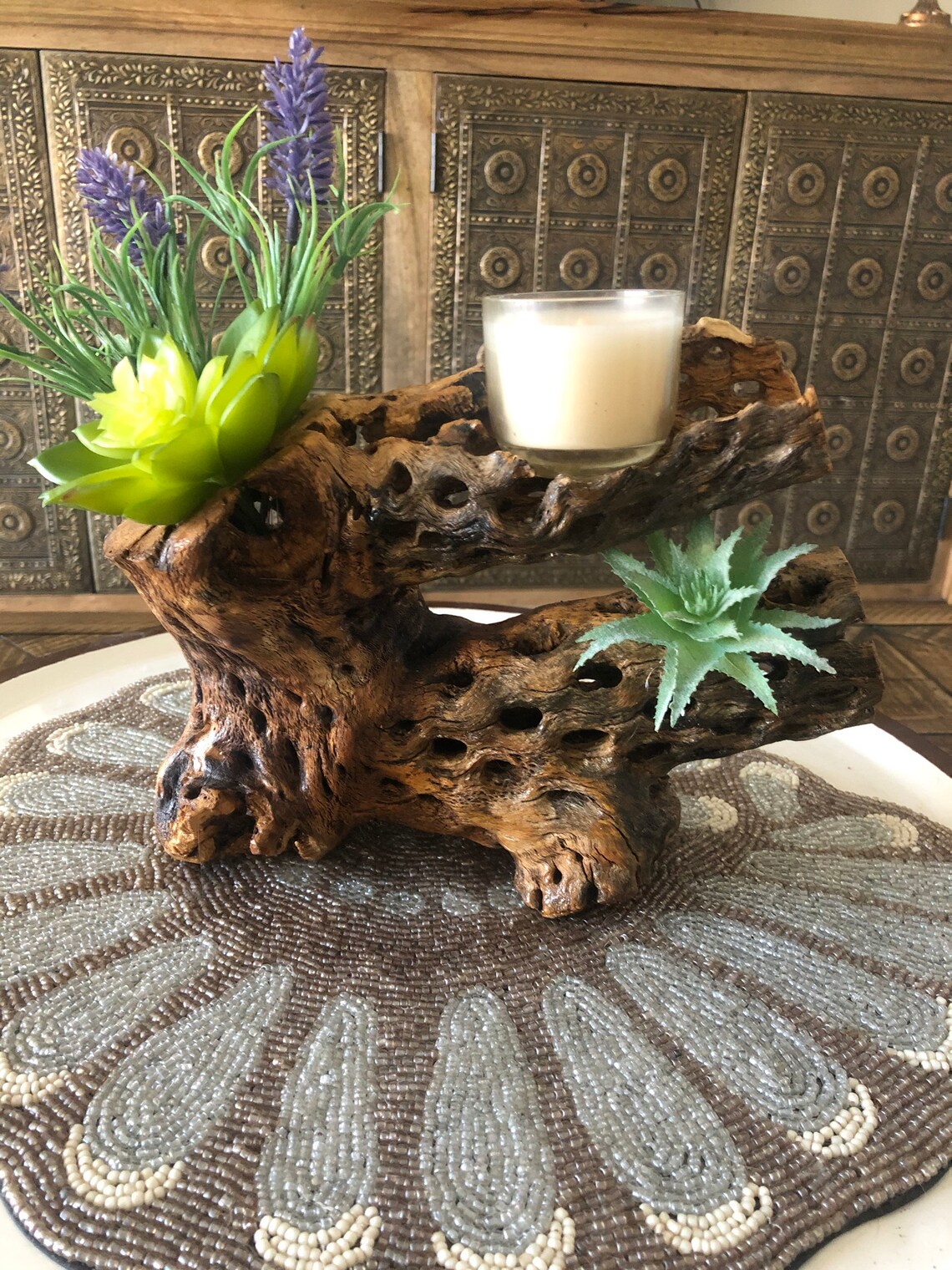 Cholla Wood, Succulents and Candle Arrangement - Etsy