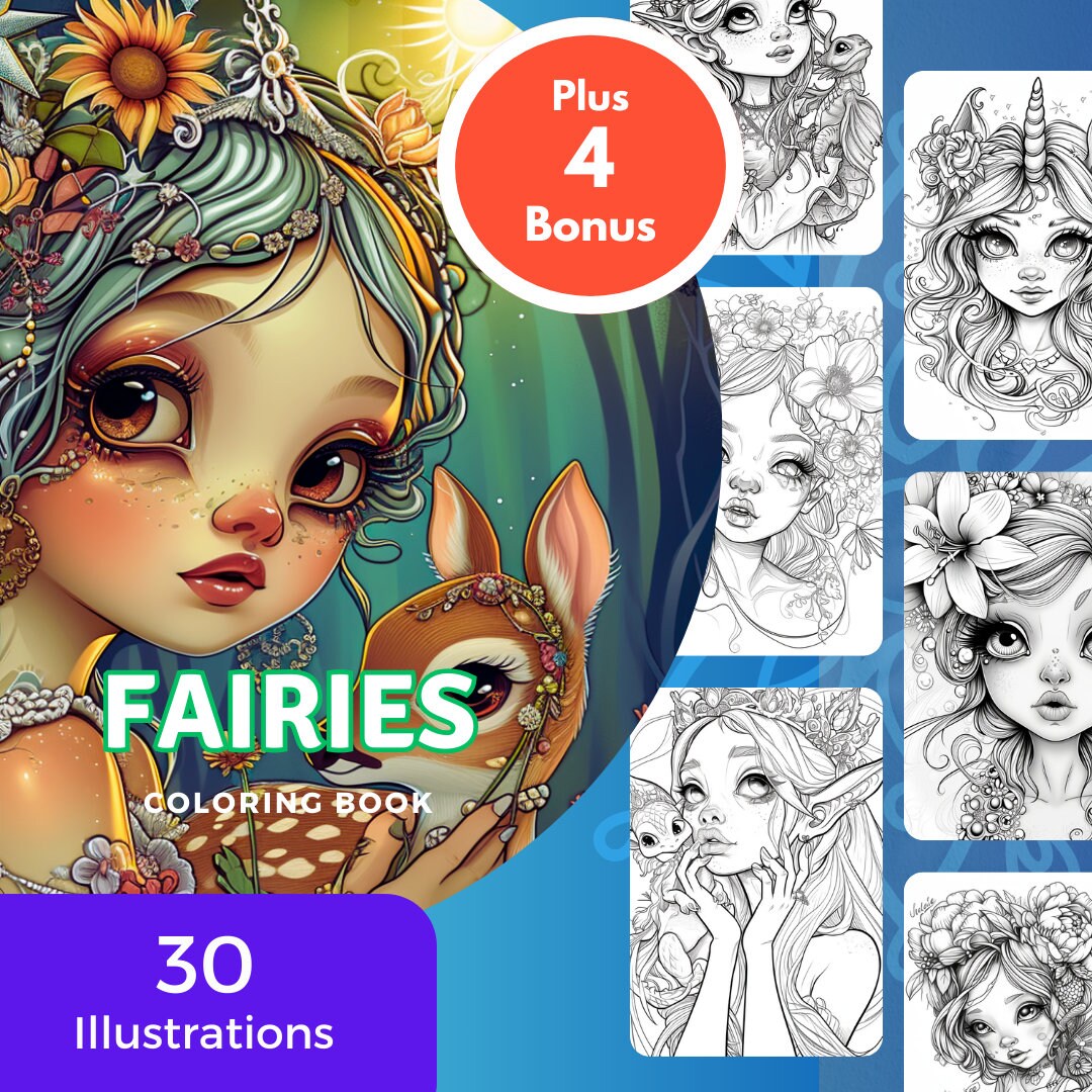 30 Fairy Coloring Book, Printable PDF, Fantasy Grayscale Line Art ...