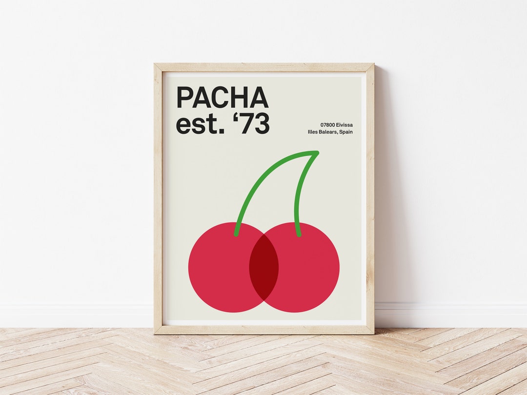 Pacha Ibiza Club Poster, Retro Minimalist Cherry Illustration, Red Bold Modernist Vintage Mid ...