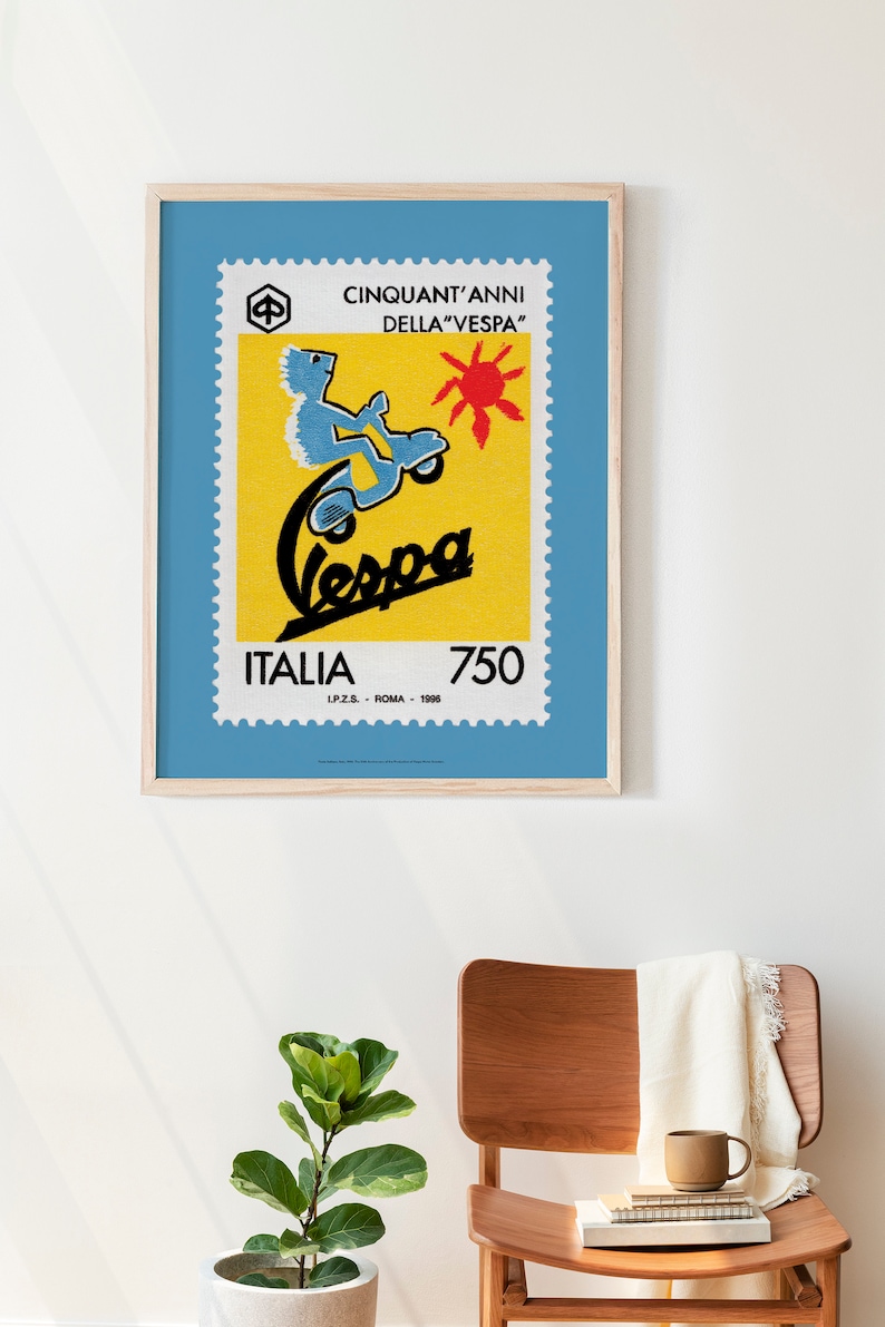 Blue Vespa Piaggio Poster, Italian Scooter Print, Retro Mod Subculture ...