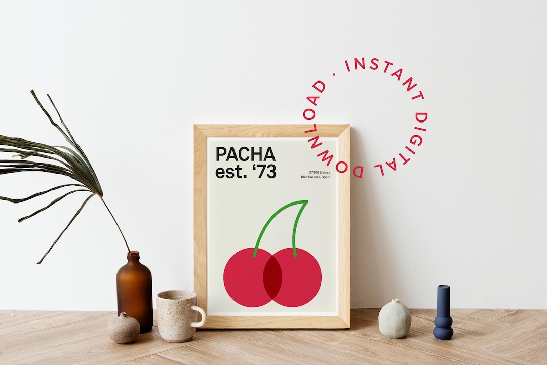 Pacha Ibiza Club Poster Digital Download, Retro Minimalist Cherry Illustration, Red Bold ...