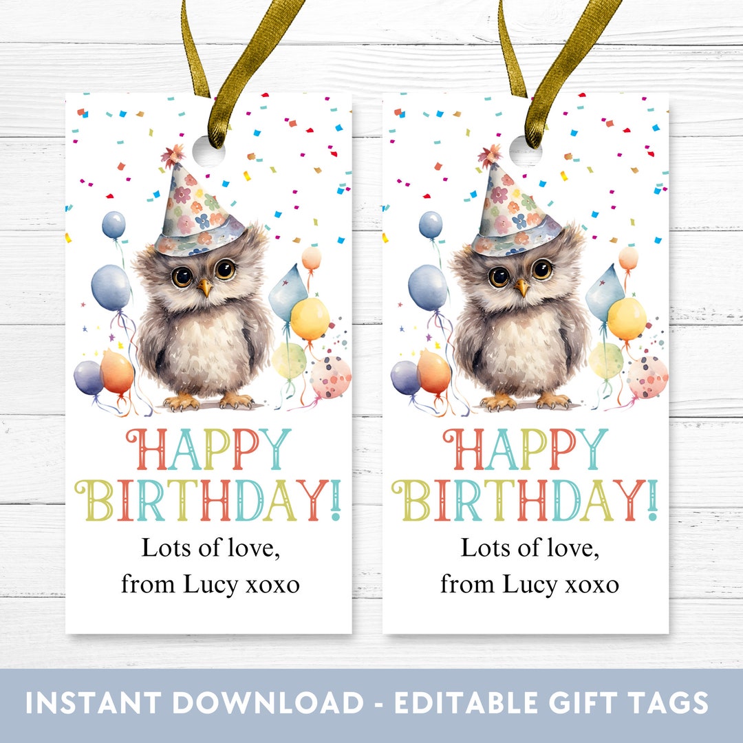 Editable Owl Birthday Gift Tag, Last Minute Birthday Gift, Owl Birthday ...