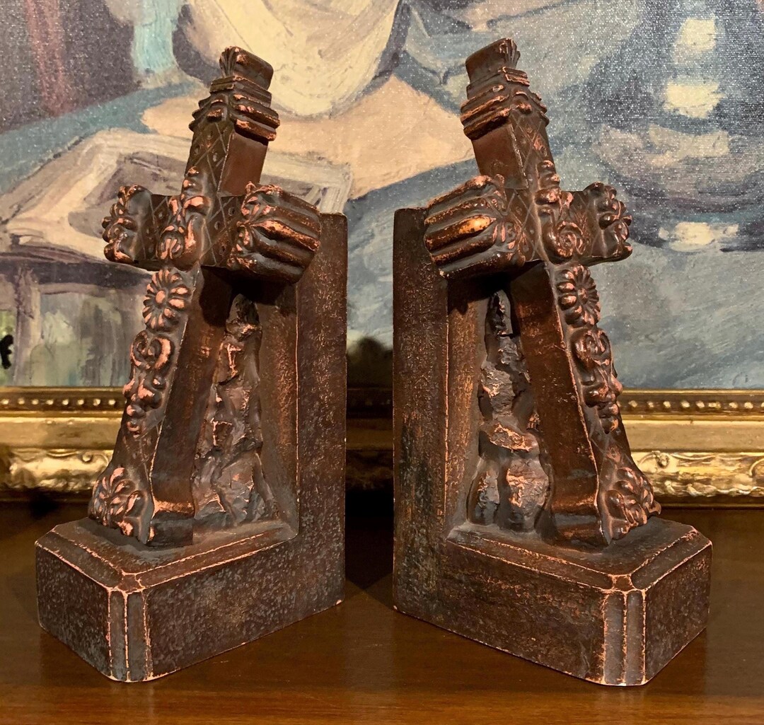 Vintage Gothic Cross Bookends – Ornate Bronze Finish, Floral ...