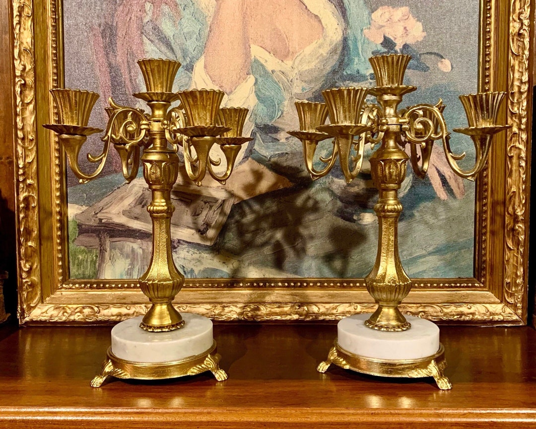 Elegant Vintage Gilt Candelabras With Marble Base - Pair of Gold Candle ...